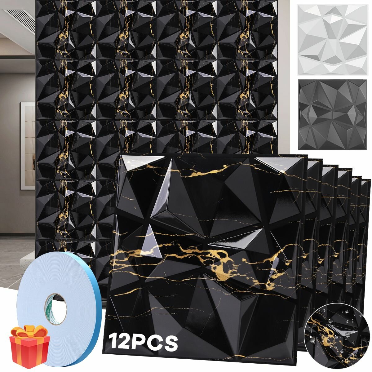 Черная мраморная 3D ПВХ керамическая плитка с двусторонним скотчем для отделки дома, кухни, ванной комнаты, гостиной, коридора 30x30 см 12 шт.
