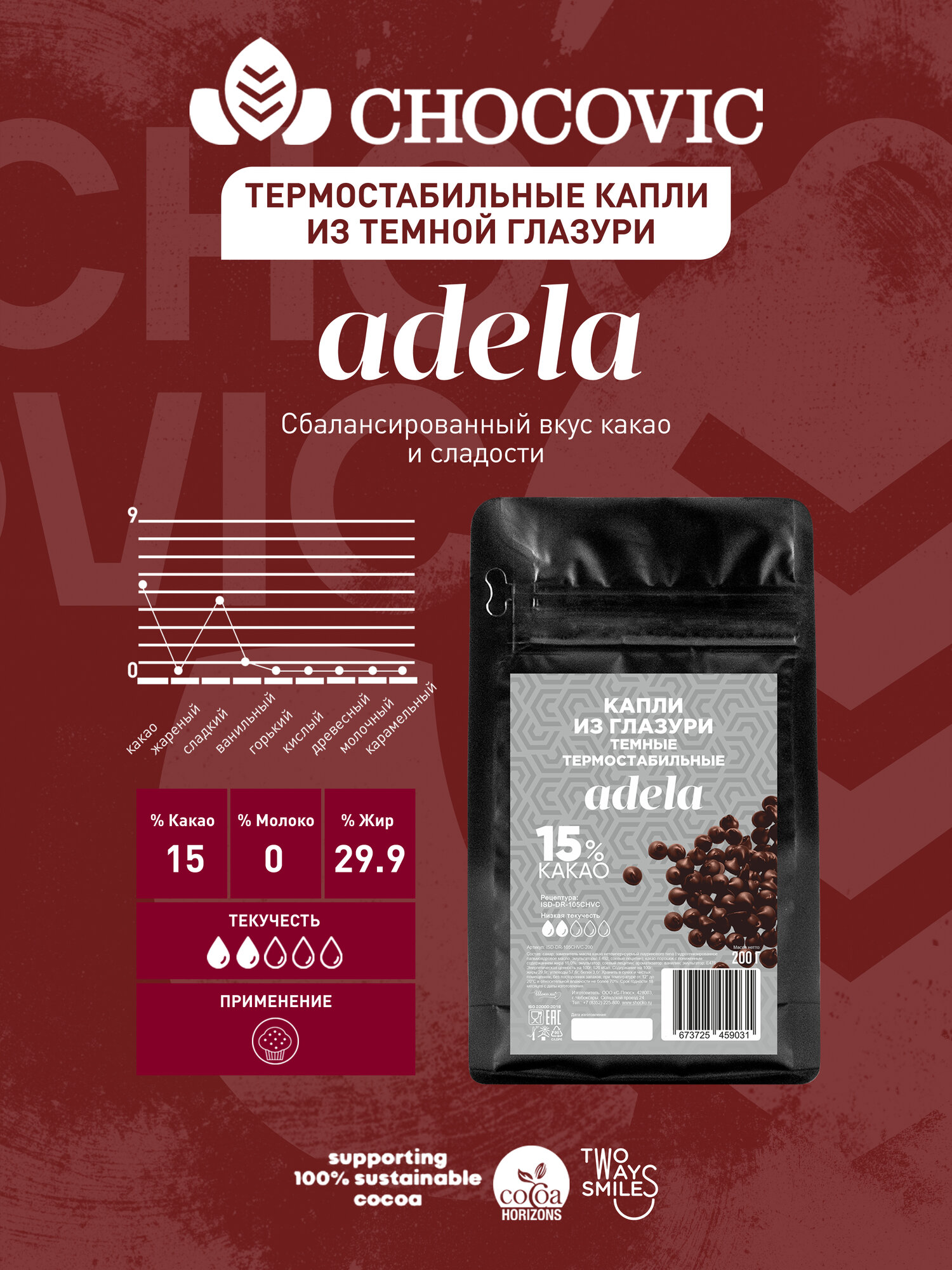 Термостабильные капли из темной глазури Adela Chocovic (Чоковик) 0,2 кг