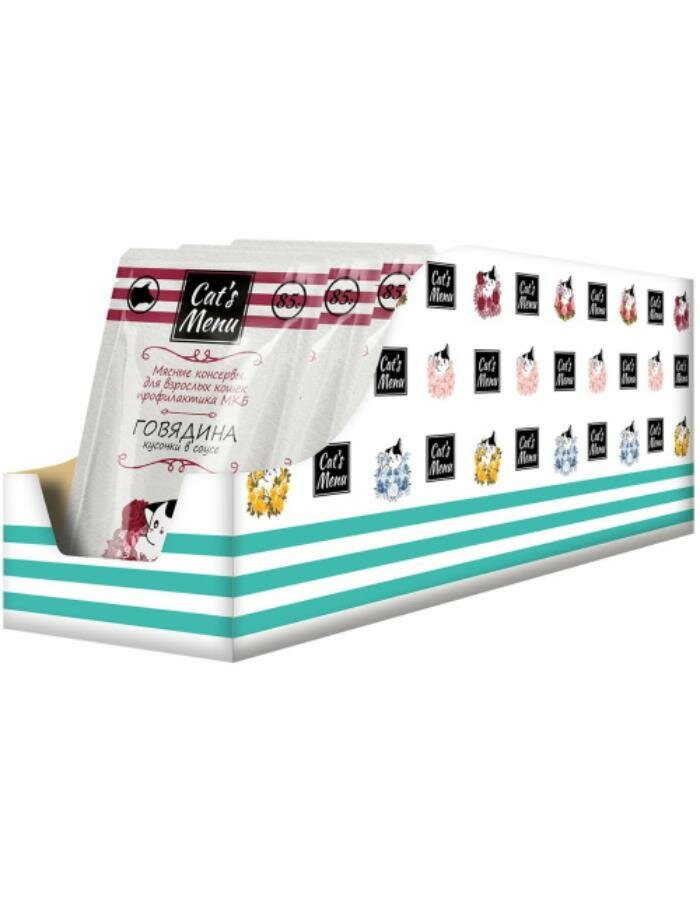 Cat`s Menu консервы для взрослых кошек с говядиной кусочки в соусе профилактика МКБ 30х85гр