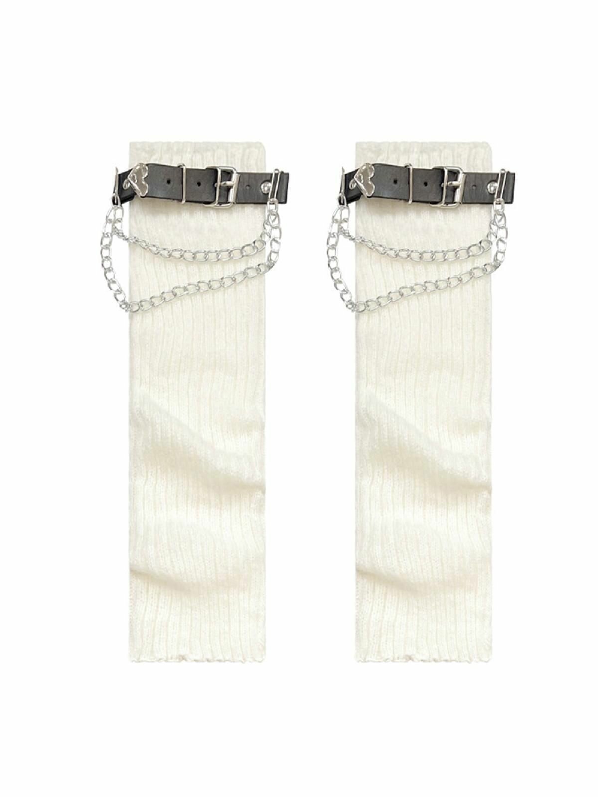 Готические ребристые вязаные гетры с кожаным ремнем и цепочкой в виде сердца, Белый