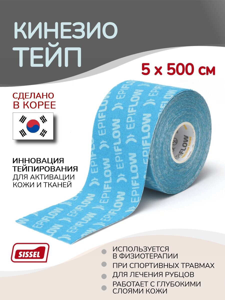 Кинезио тейп SISSEL EPIFLOW для лечения рубцов и растяжек, 5м х 5см, голубой