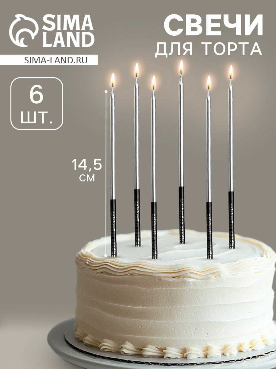Свечи в торт "Праздник", 6 шт, 14.5 см, серебро с чёрным, цвет: серебристый