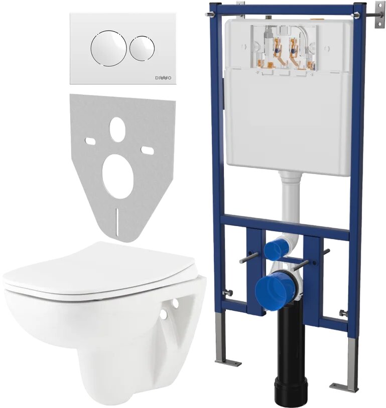 Комплект DIWO 6 в 1: инсталляция, унитаз подвесной Seramiksan Petite безободковый, сиденье микролифт, кнопка смыва 7310 белая, шумоизоляция, крепления (инсталляция с унитазом комплект)