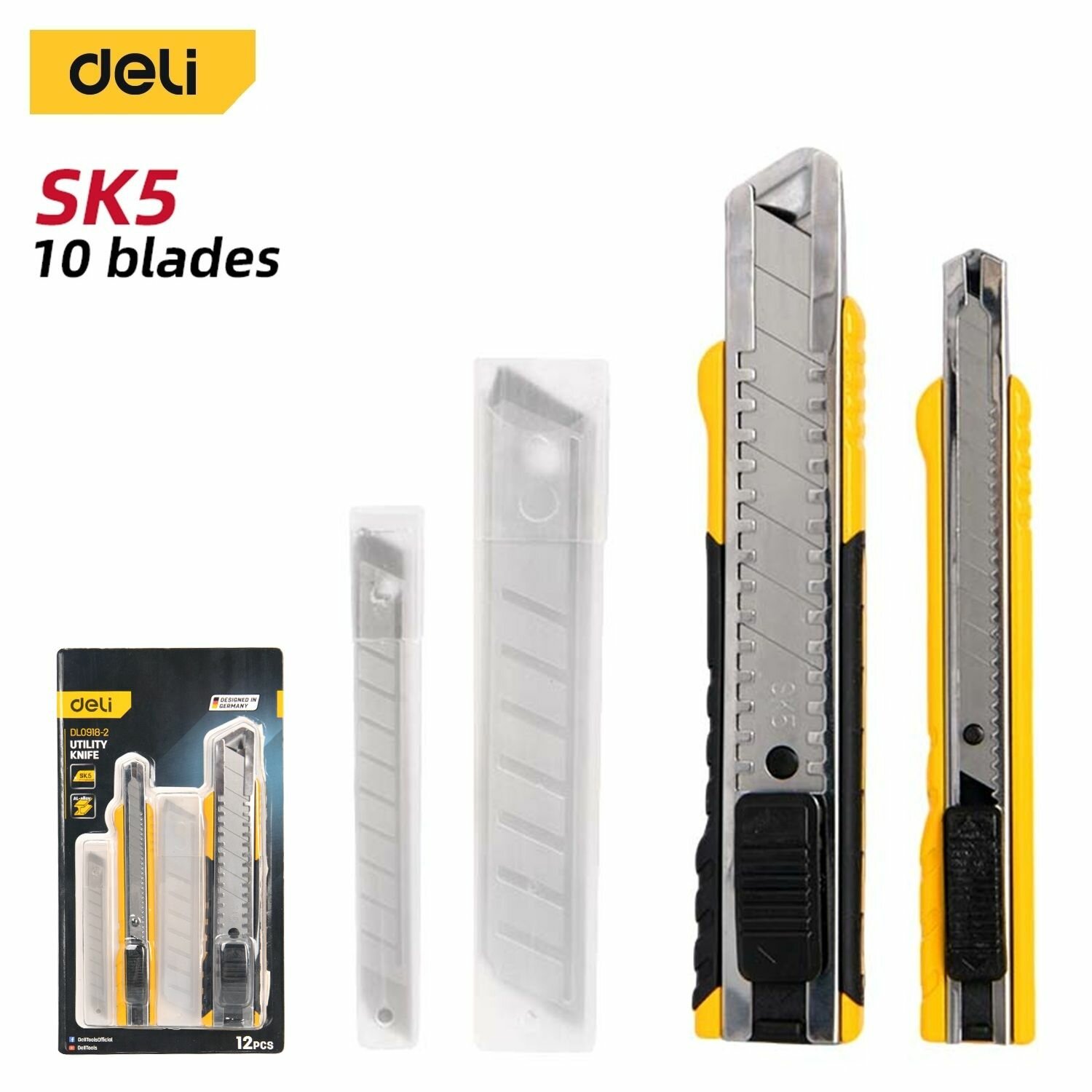 Набор ножей 9мм и 18мм с запасными лезвиями Deli DL0918-2 (10 запасных лезвий, сталь SK5)
