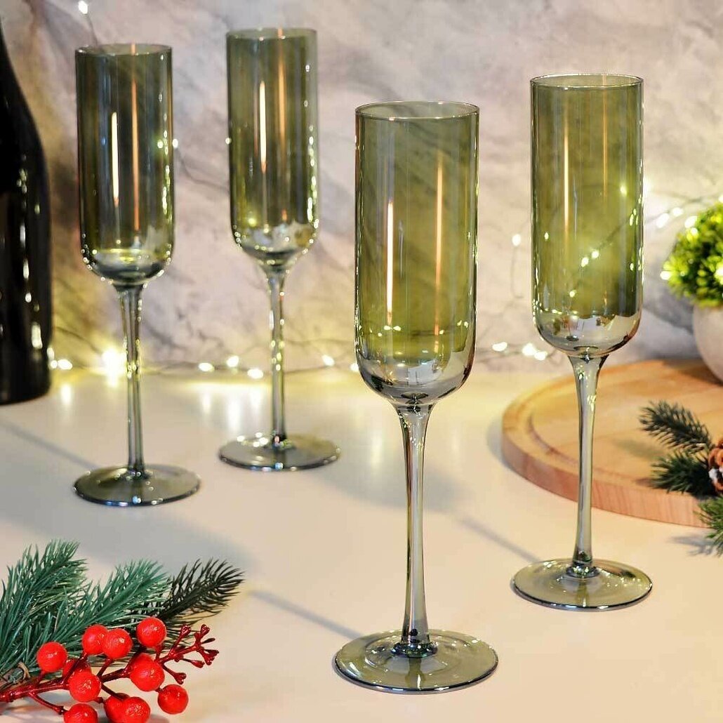 Бокалы для шампанского 4 шт 200 мл зеленое стекло, подарочная упаковка