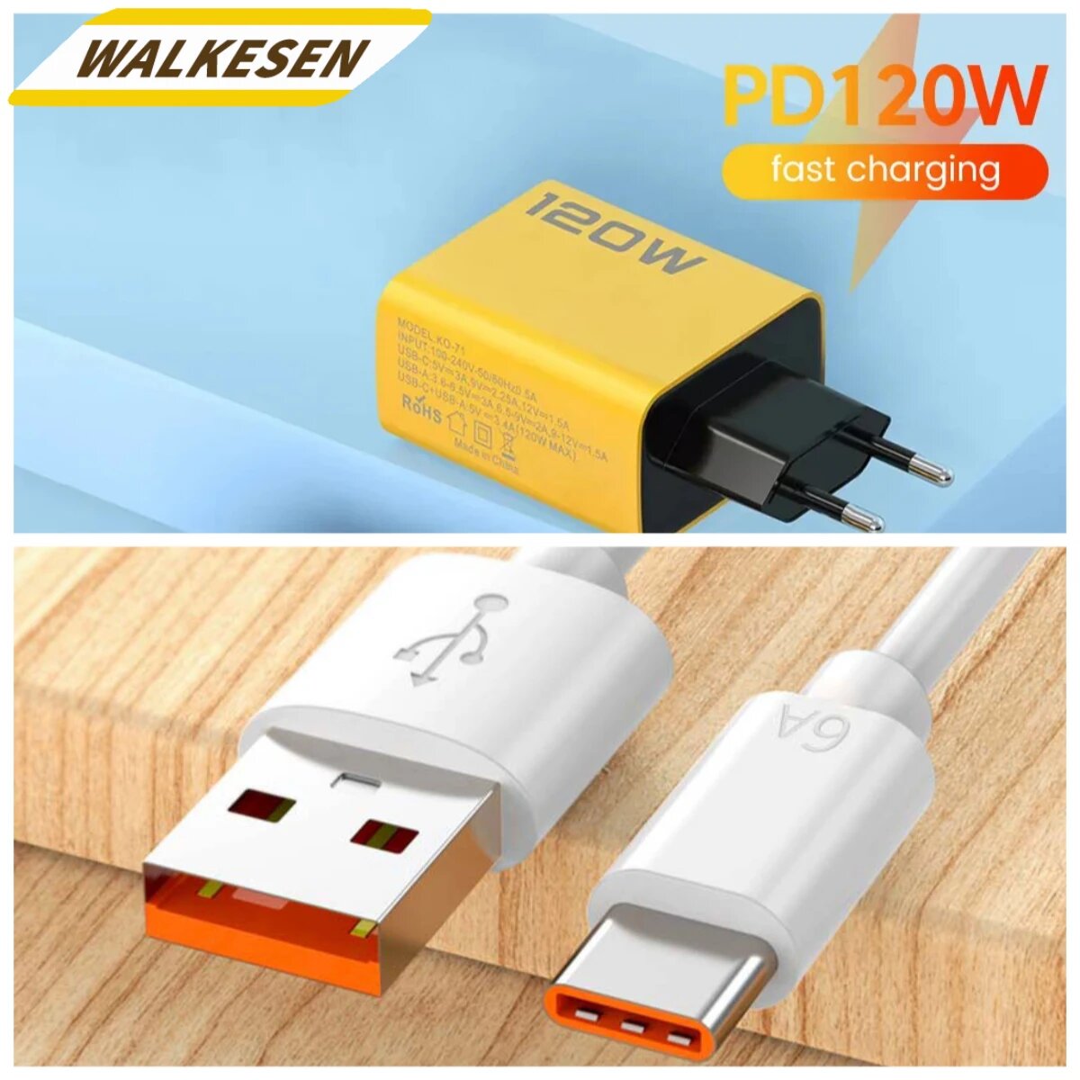 Кабель Для Быстрой Зарядки WALKESEN USB-C 6A С Зарядным Устройством 120 Вт Для iPhone, Huawei, Honor, Xiaomi, OPPO