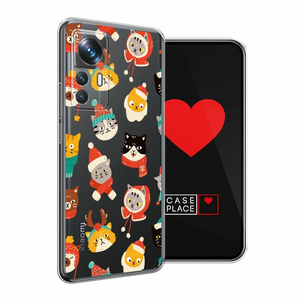 Чехол на Xiaomi 12T Pro / Сяоми 12T Про с принтом Праздничные котики, прозрачный — фото 1