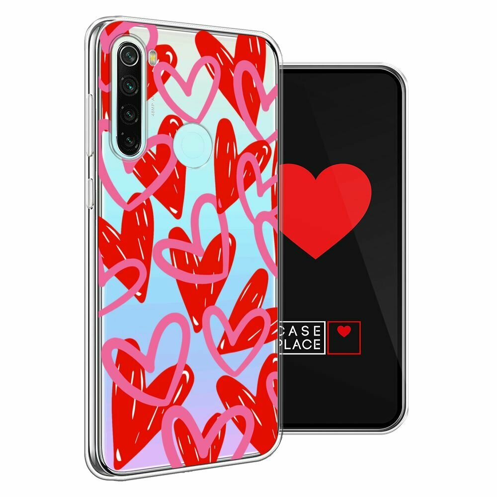Чехол на Xiaomi Redmi Note 8 / Сяоми Редми Нот 8 с принтом "Hearts doodles - 14 февраля", прозрачный — фото 1