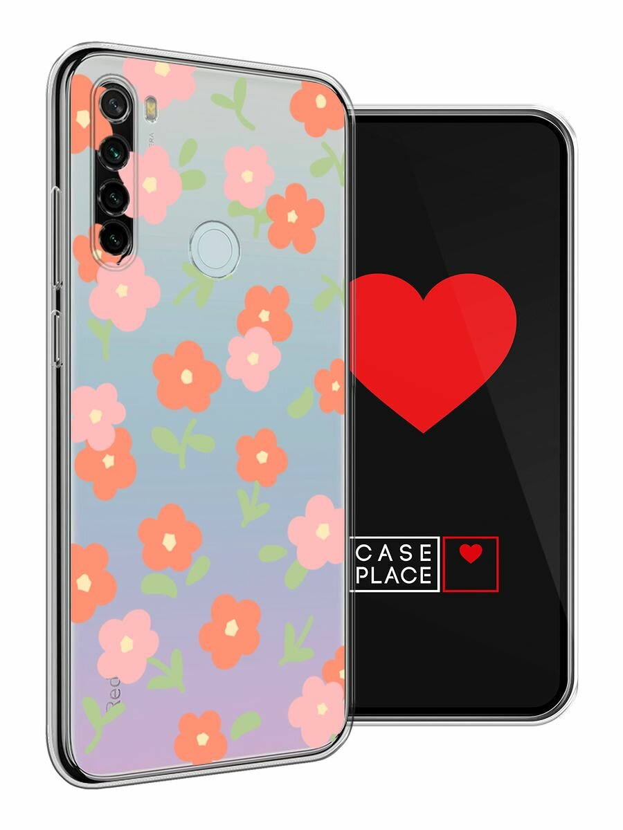 Чехол на Xiaomi Redmi Note 8T / Сяоми Редми Нот 8Т с принтом "Красные цветочки рисунок", прозрачный — фото 1
