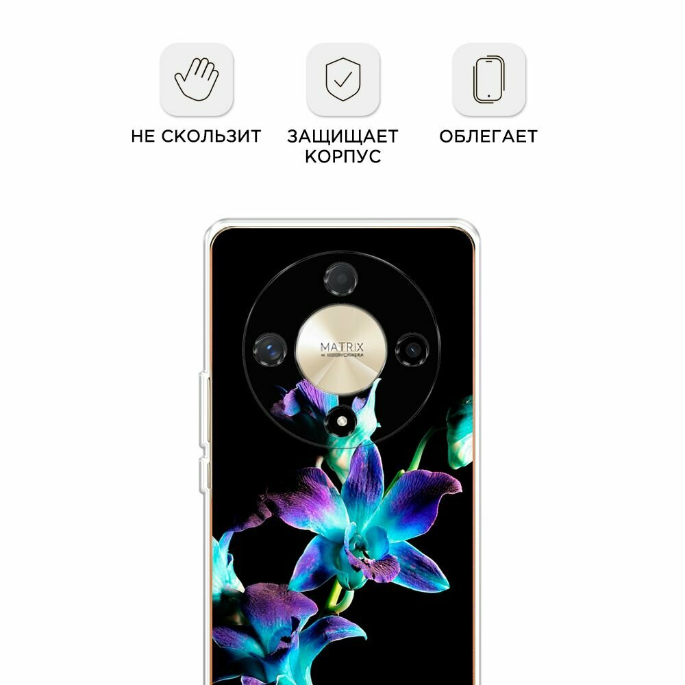 Чехол на Honor X9b / Хонор X9B с принтом "Синий цветок на черном" — фото 1