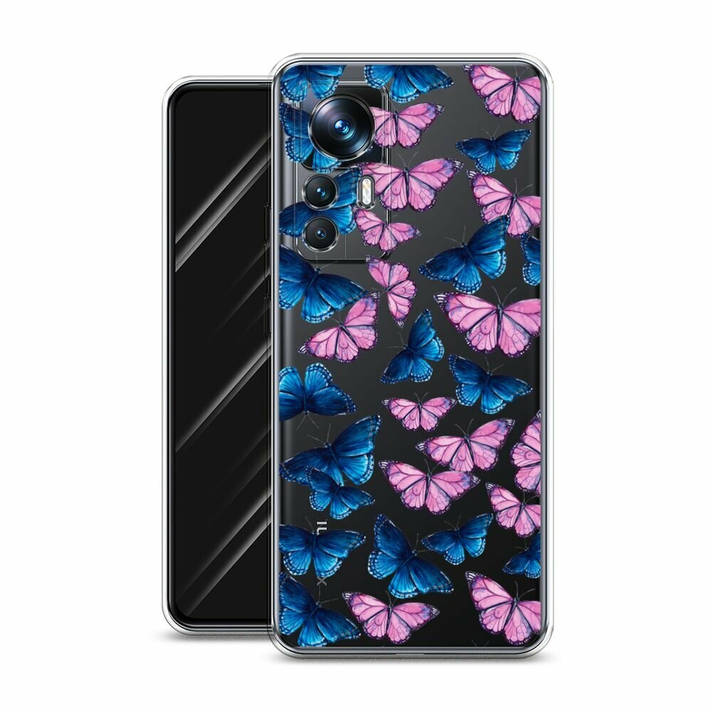 Чехол на Xiaomi 12T Pro / Сяоми 12T Про с принтом Розовые и голубые бабочки, прозрачный — фото 1