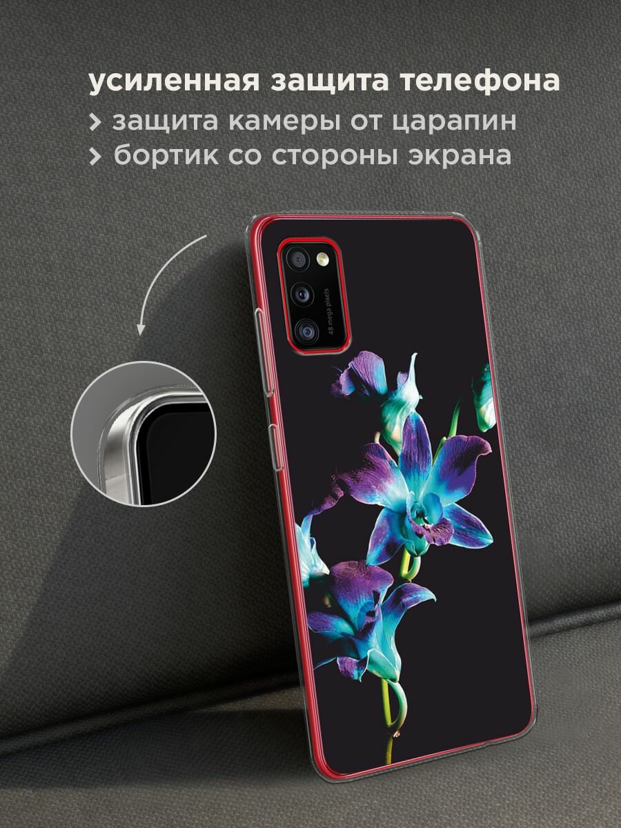 Чехол на Samsung Galaxy A41 / Самсунг Галакси А41 с принтом "Синий цветок на черном" — фото 1