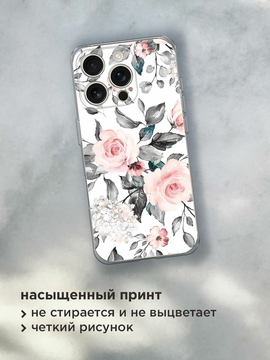 Чехол на Apple iPhone 16 Pro / Айфон 16 Про с принтом "Розы на белом" — фото 1