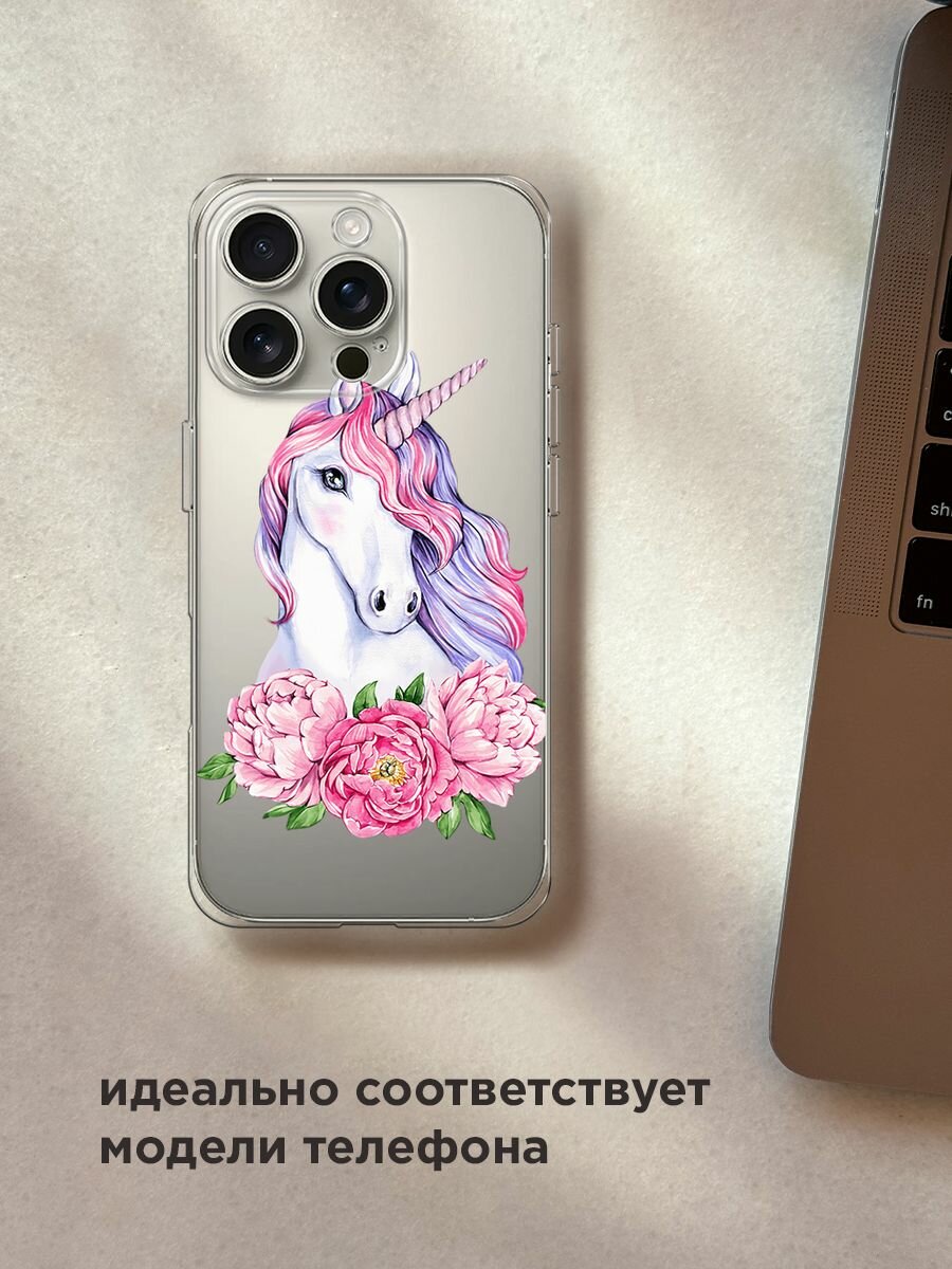 Чехол на Apple iPhone 16 Pro / Айфон 16 Про с принтом "Единорог с пионами", прозрачный — фото 1