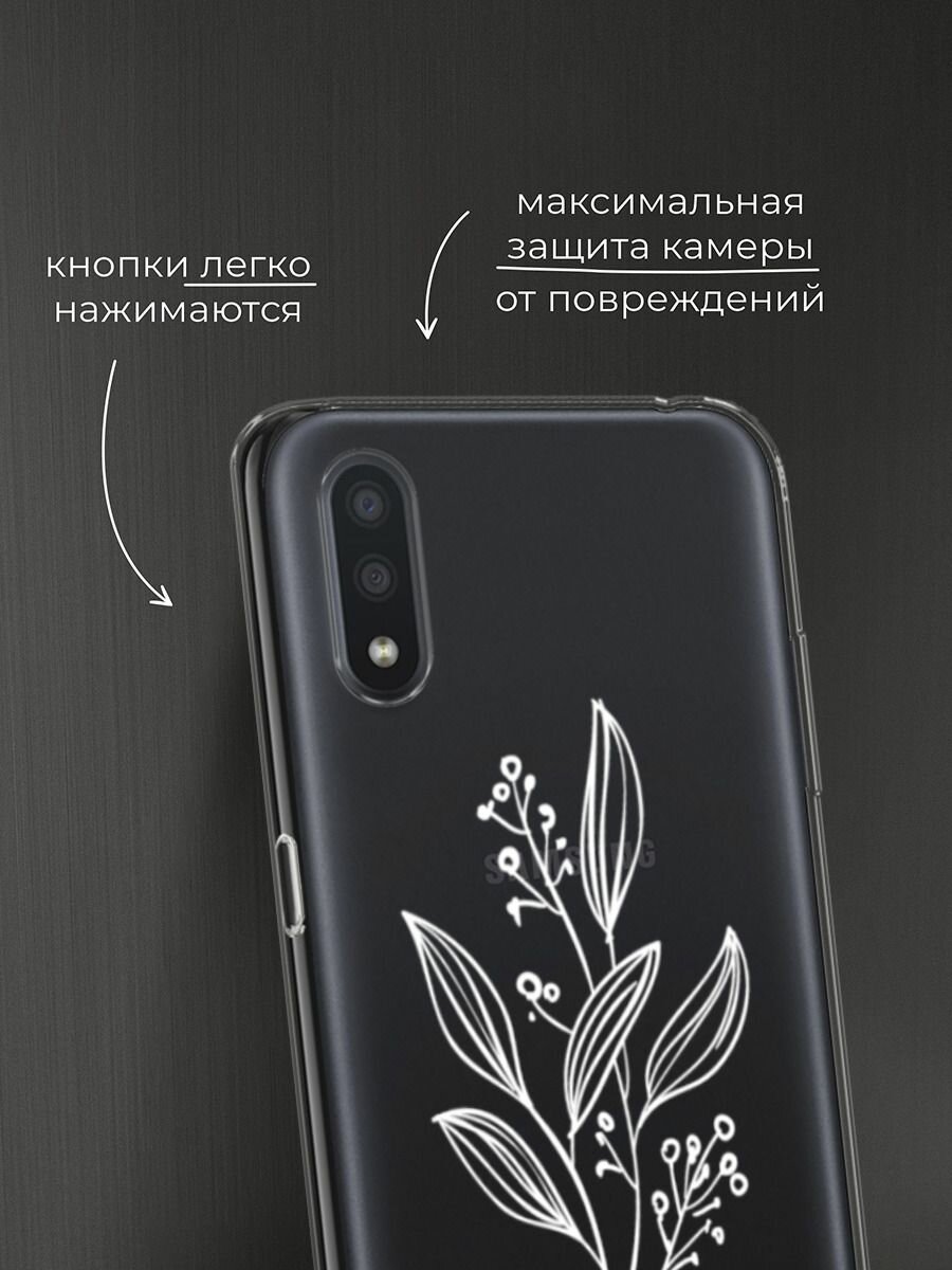 Чехол на Samsung Galaxy A01 / Самсунг Гэлакси А01 с принтом "Ветка с листочками и цветами", прозрачный — фото 1