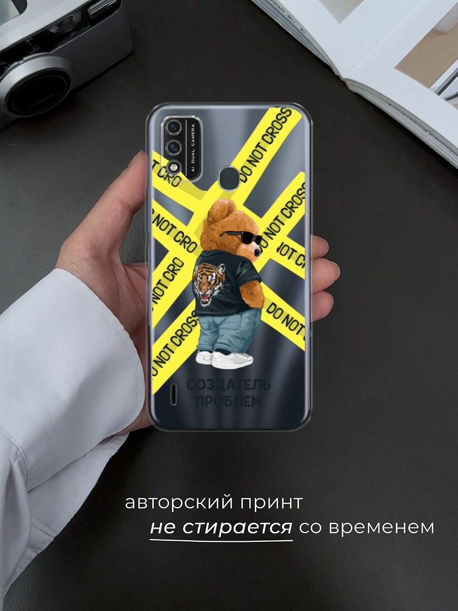 Чехол на Itel A48 / Ител А48 с принтом "Создатель проблем - 23 февраля", прозрачный — фото 1