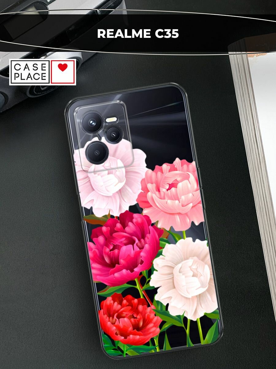 Чехол на Realme C35 / Реалми C35 с принтом "Большие пионы", прозрачный