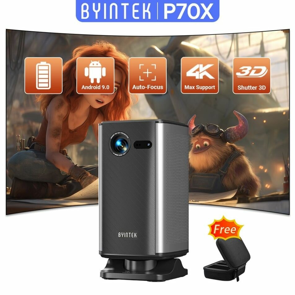BYINTEK Проектор DLP 3D 4K проектор P70X Wi-Fi 2.4G и 5G Bluetooth Android 9.0 Автофокус YouTube, черно