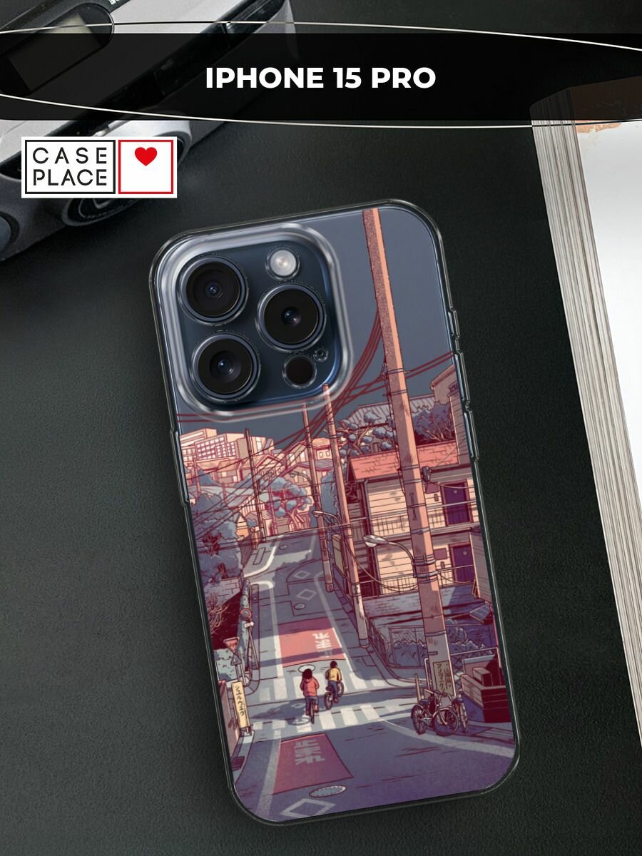 Чехол на Apple iPhone 15 Pro / Айфон 15 Про с принтом "Закат на японской улице", прозрачный