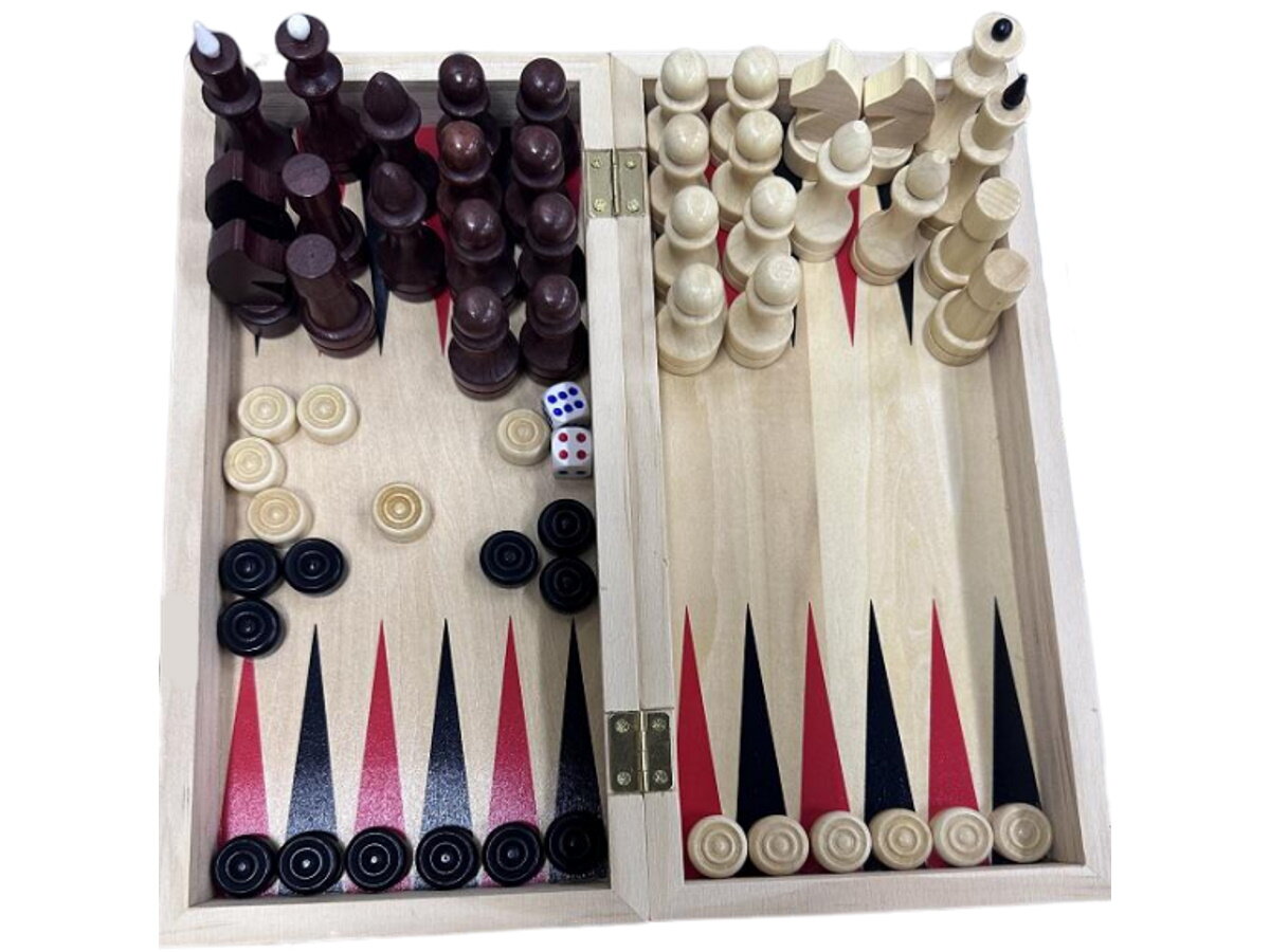 Шахматы, шашки, нарды. Набор 3 в 1, малый. Доска и фигуры деревянные 290*145*38мм ШК-6149