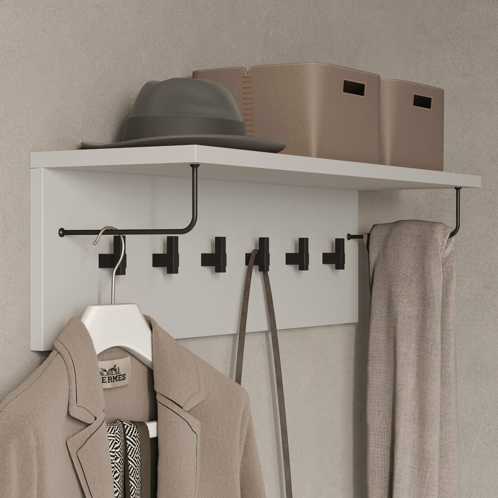 Настенная вешалка Мебельно "Крафт Плюс 2", с полкой, ЛДСП, белая, 6 крючков