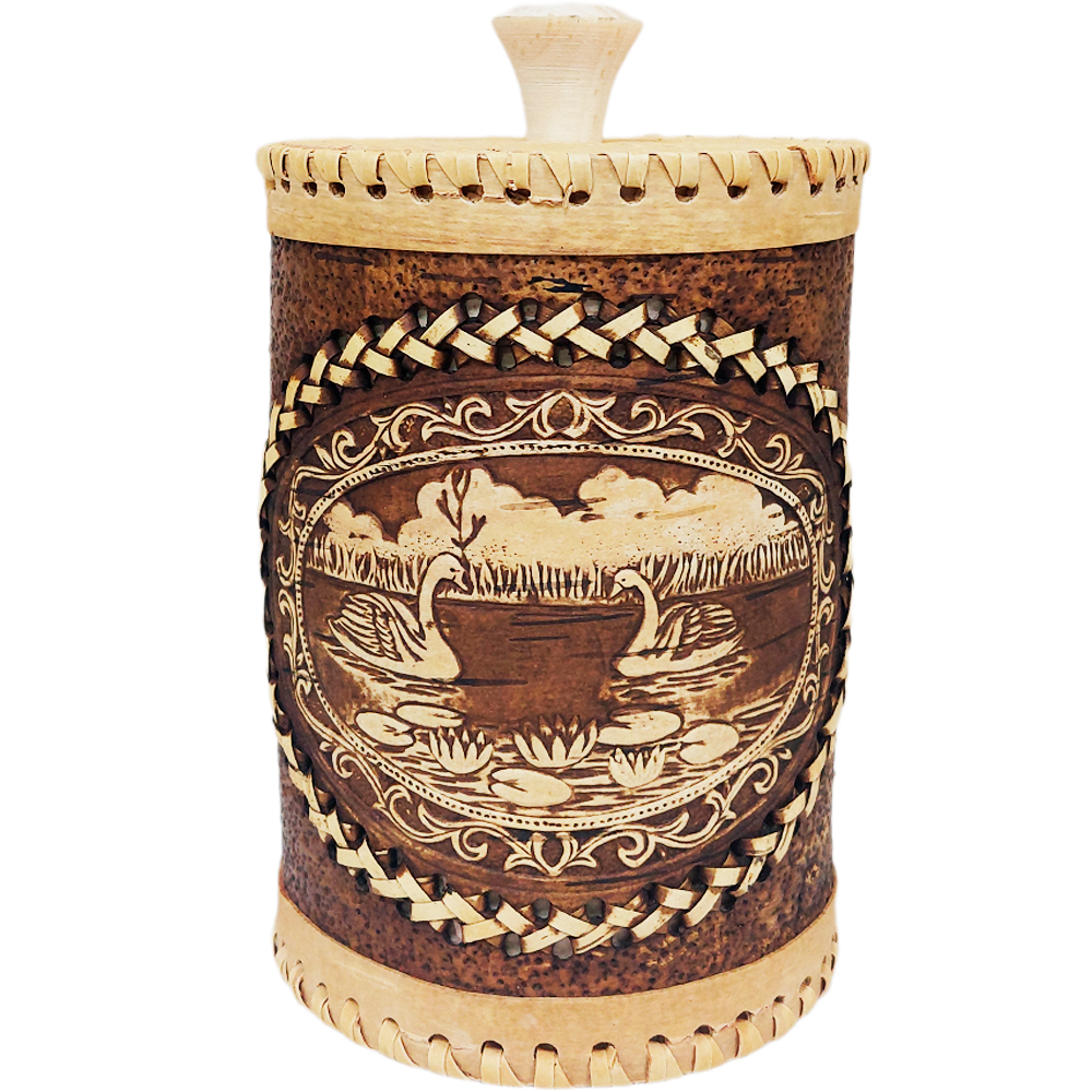 Туесок из бересты ручной работы "Лебединое озеро", 800мл.