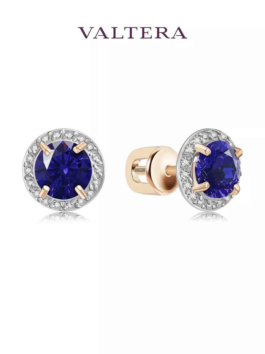 Серьги пусеты, серебро, 925 проба, золочение, фианит