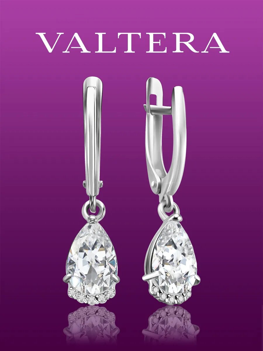 Серьги VALTERA, серебро, 925 проба, родирование, фианит, , бесцветный, серебристый — фото 1