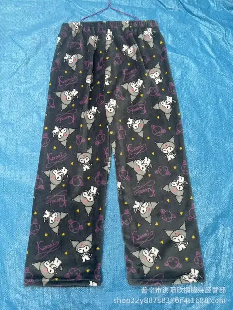 Новинка 2024 года: фланелевая пижама и термоштаны Sanrio Hello Kitty Kuromi для женщин, зимние флисовые повседневные домашние штаны, подарок для девочек, Размер: М 40-45 кг