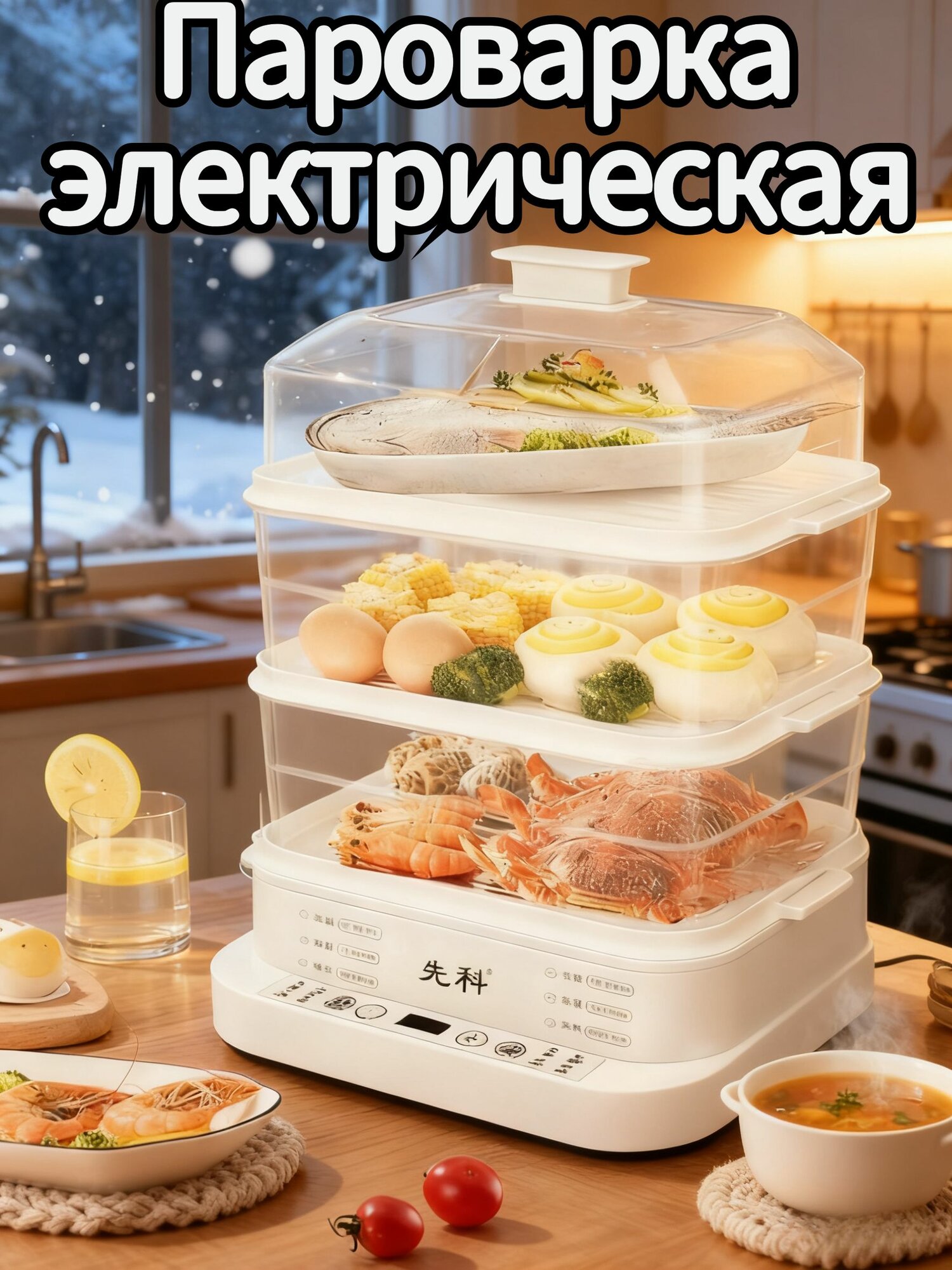 Пароварка электрическая, Три слоя,800 Вт,28л, Белый, интеллектуальное управление,40X32X28.5CM