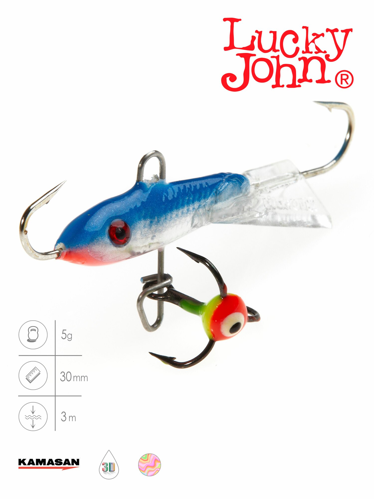 Балансир для зимней рыбалки Lucky John CLASSIC 3 с тройником, длина 30мм, 5г, цвет 15H / Балансир Лаки Джон на окуня, судака, щуку