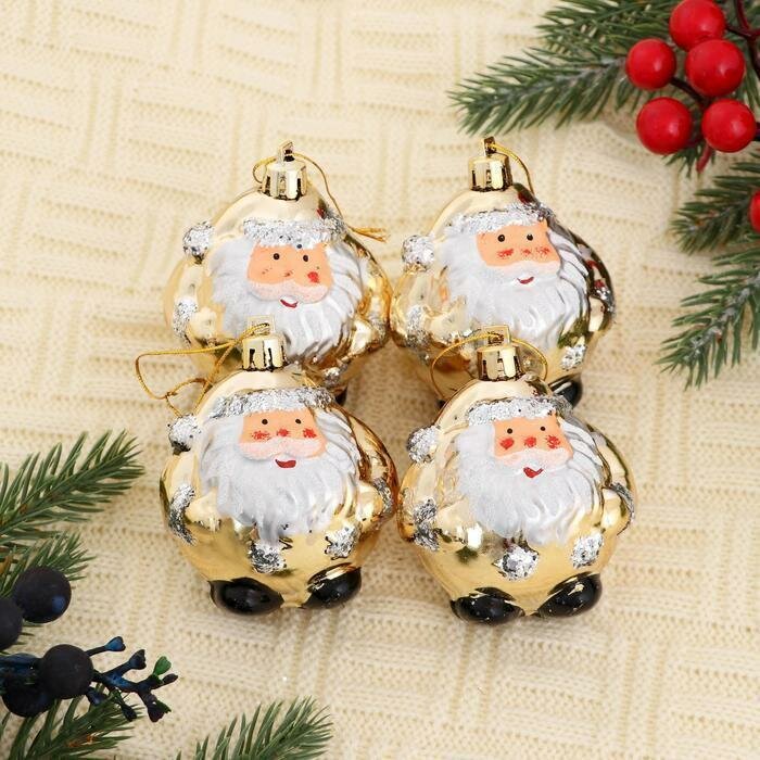 !09 Набор елочных украшений "Дед Мороз - толстячок" 6х6,5 см (набор 4 штуки) цвет золотой