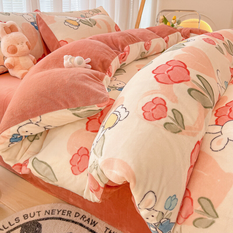 Зимний двухсторонний комплект постельного белья из молочного флиса из четырех частей, утолщенный и теплый пододеяльник из коралловой фланели, комплект простыней из трех частей для общежития,150*200cm