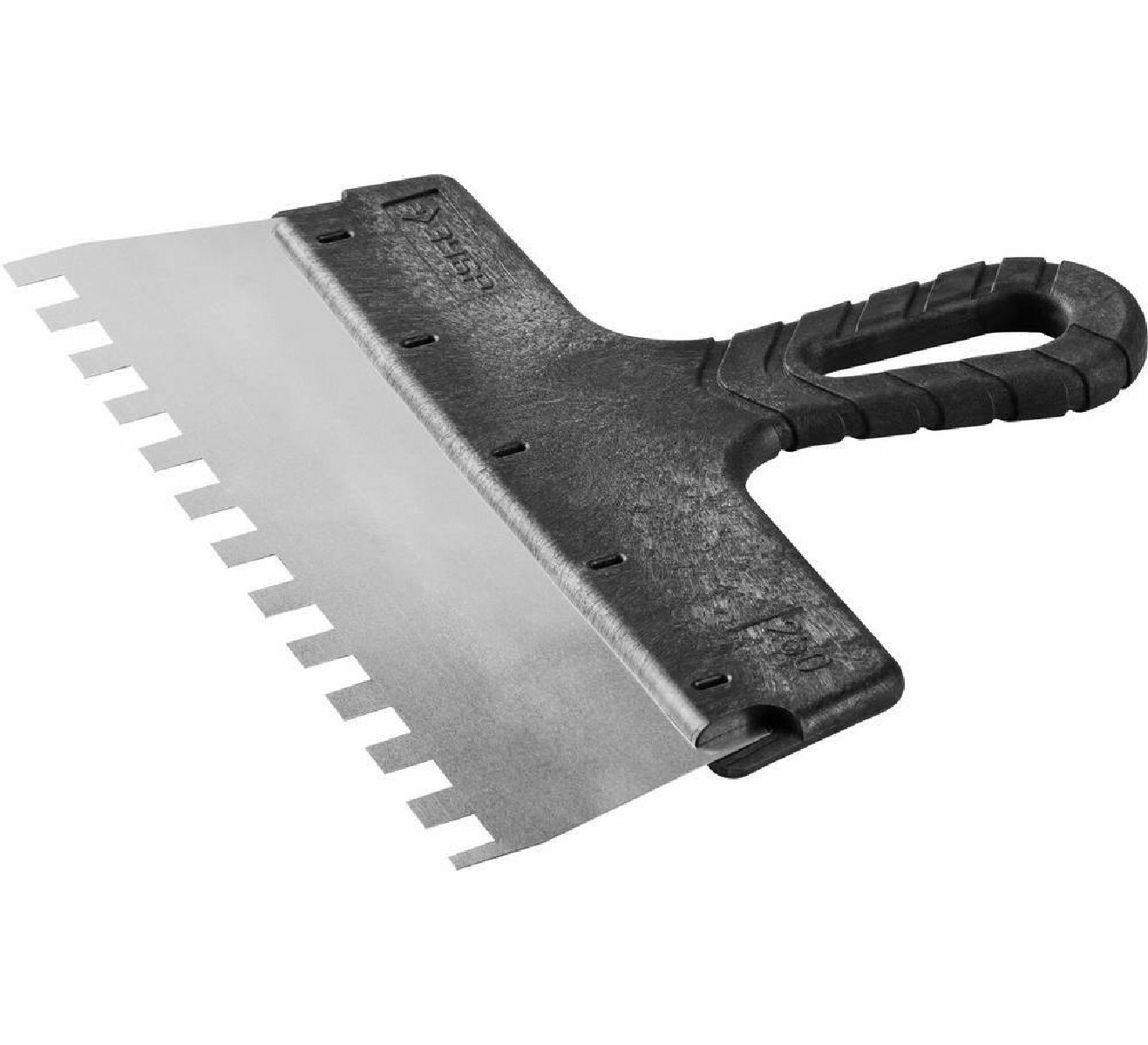 Фасадный шпатель ЗУБР нержавеющий 250мм зуб 10х10мм зубчатый с пластиковой ручкой