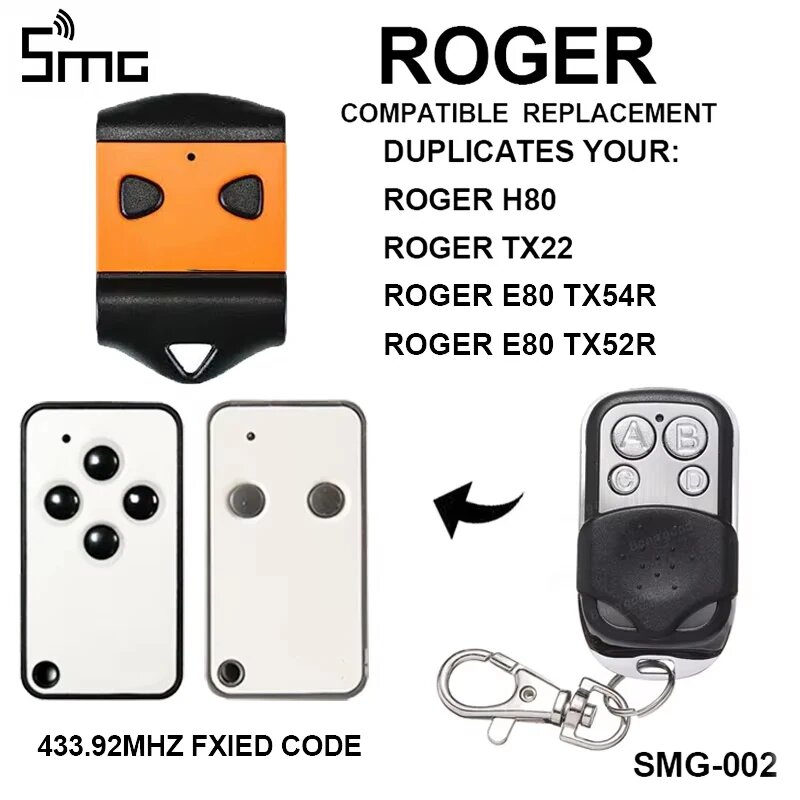 Пульт дистанционного управления для гаражных ворот ROGER H80 TX22 ROGER E80 TX54R TX52R, 433,92 МГц
