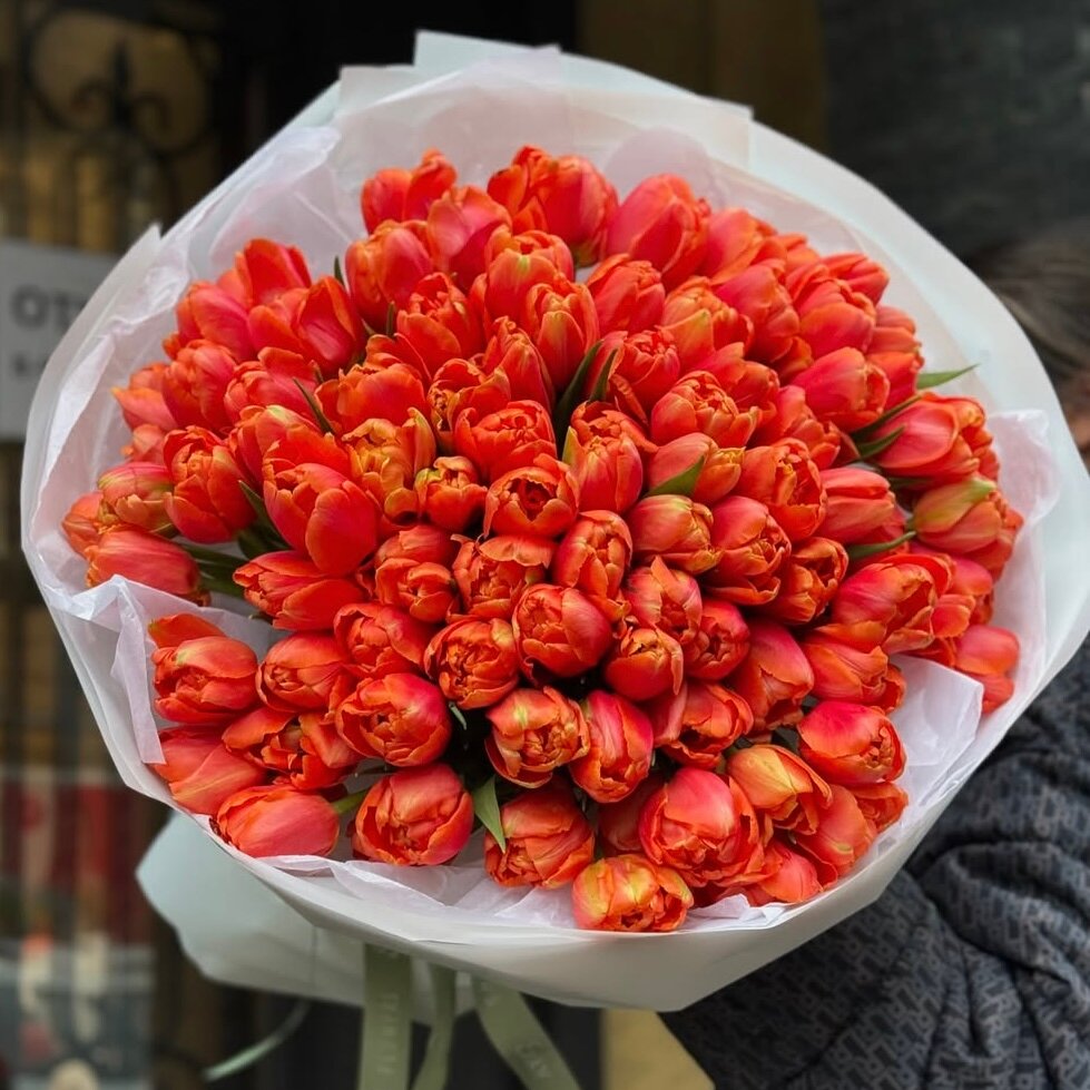 Букет из оранжевых тюльпанов 51 шт, красивый букет цветов, шикарный, премиум цветы, премиум букет