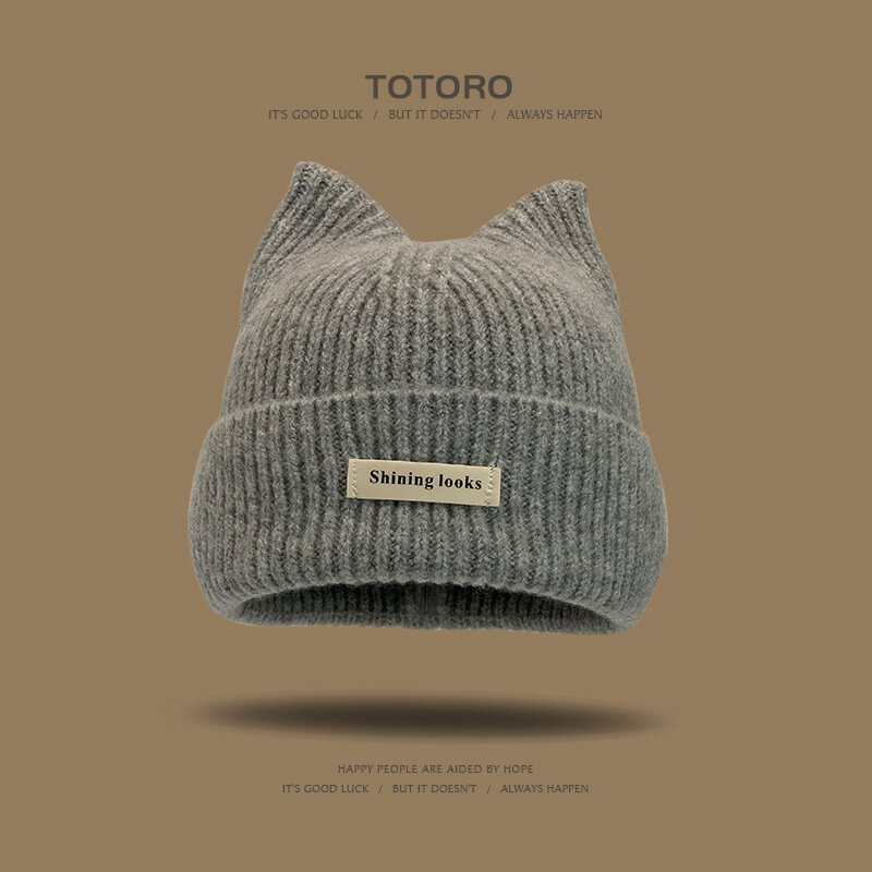 Японская милая вязаная шапка с кошачьими ушками для женщин, однотонная шерстяная шапка 2024, осенне-зимняя теплая и универсальная, приятная для кожи носка