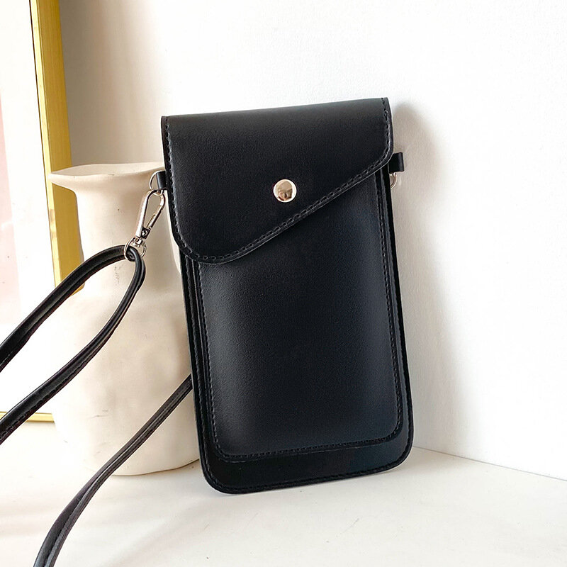 Сумка для телефона, кожаная, двухслойная, вертикальная, черная