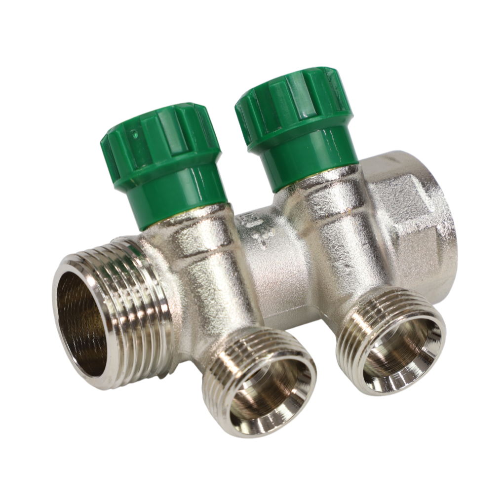 Коллектор латунь 1" ВР/НР на 2 вых 3/4" НР м/о 36мм под евроконус с регулирующими клапанами SantechSystems