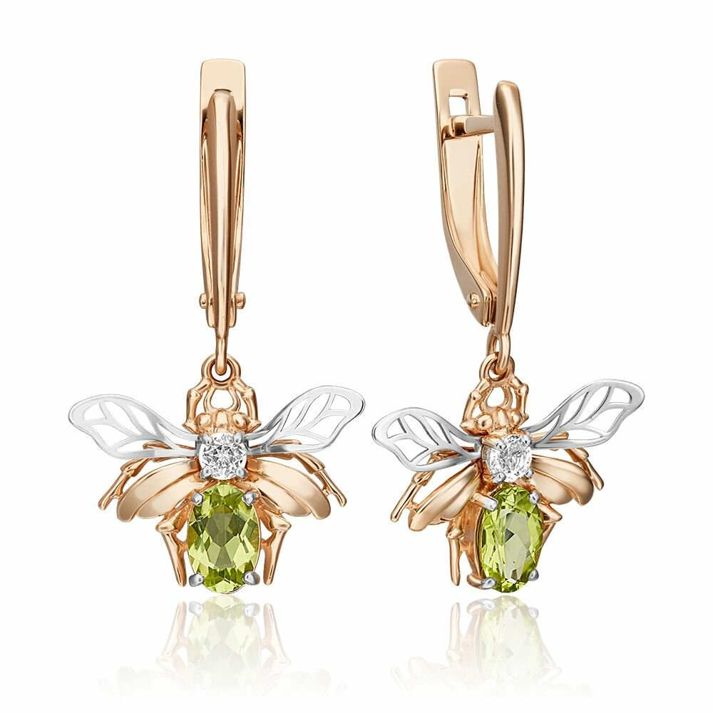 Серьги с подвесками, комбинированное золото, 585 проба, родирование, хризолит, топаз