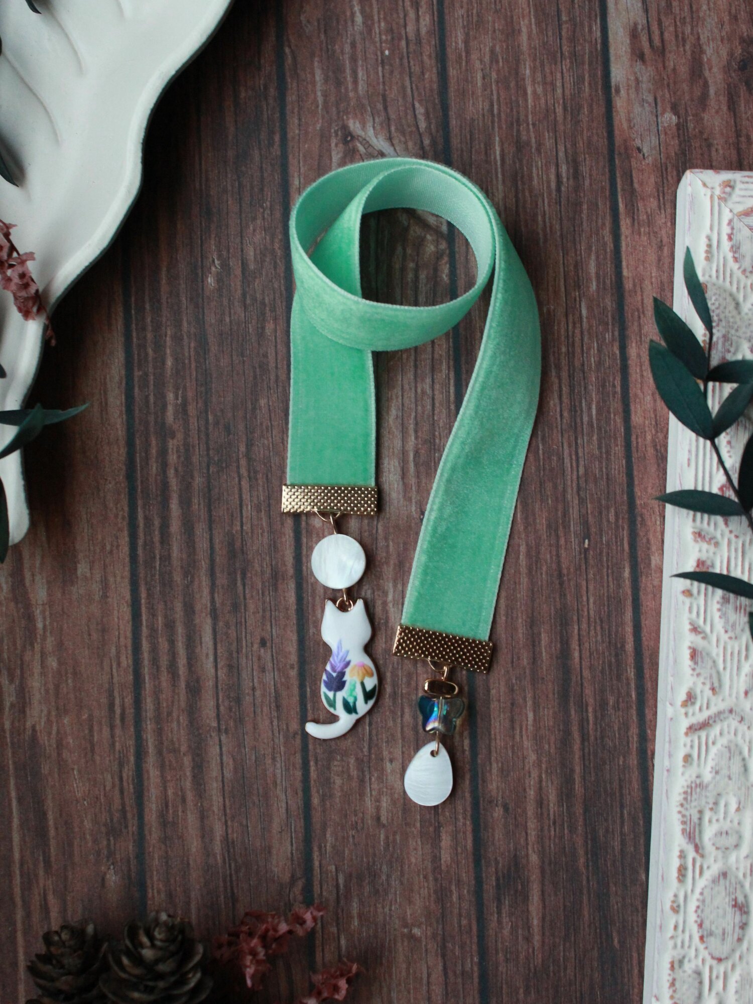 Закладка "Лунный кот", бархатная лента для книги, готовый подарок девушке подруге сестре жене