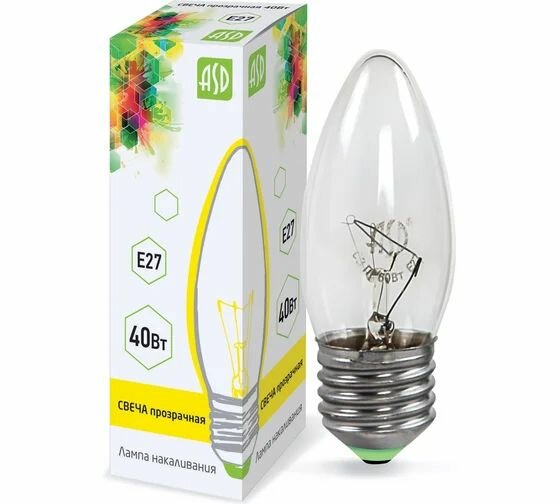 Лампа накаливания B35 40Вт Е27 220В Свеча прозрачная ASD