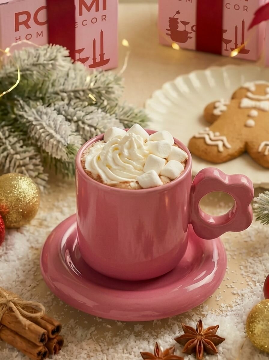 Чайная пара керамическая 325 мл, набор кофейной пары чашка бублик и блюдце керамика, цвет розовый