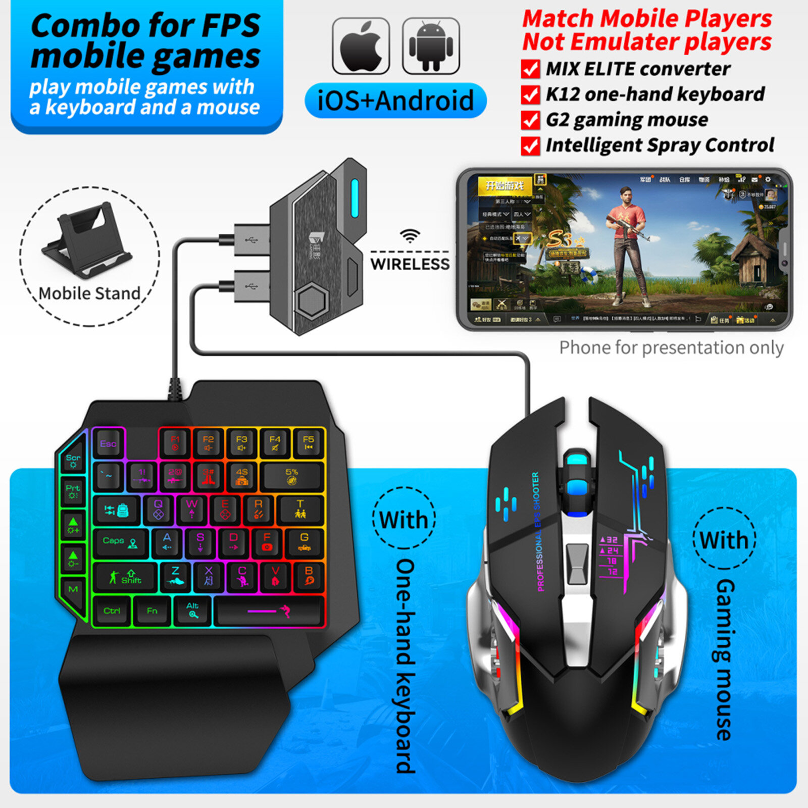 MixElite Конвертер для Pubg и мобильных игр с геймпадом, Bluetooth, клавиатурой и мышью для PS4, Xbox, Nintendo Switch, Android, iOS, Android 7.0+, iOS7-iOS13.3, Bluetooth 5.0, Type-C 5V/2A, 5V/1.5A, Geekgamer, пластик, 0.55kg, 24.5x17.8x6.5cm, Конвертер