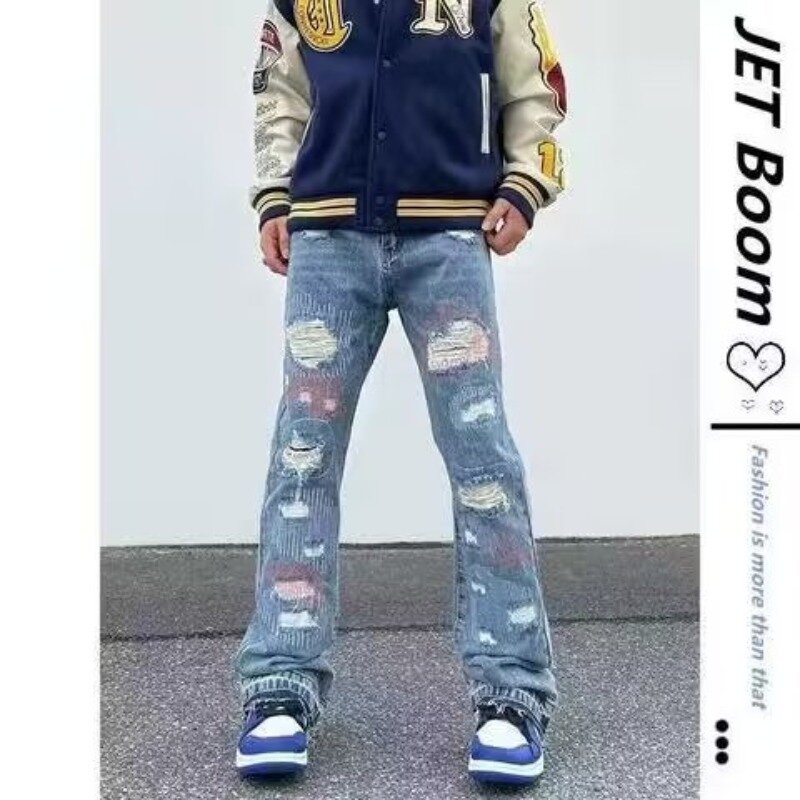 Тренд RONG CH Мужские Джинсы Европейские Хип-Хоп Пэч Разорванные Деним, Размер_2XL