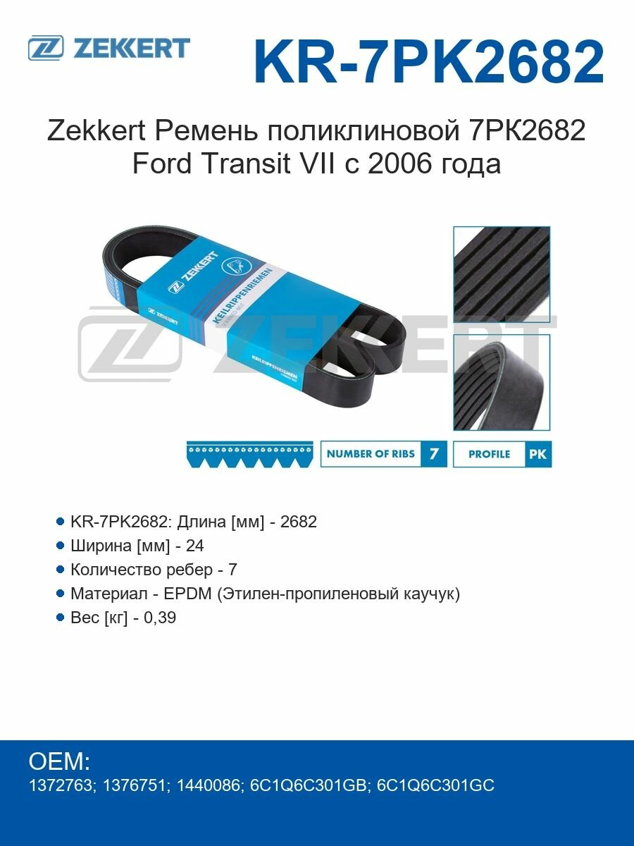 Zekkert Ремень поликлиновой 7РК2682 Ford Transit VII с 2006 года