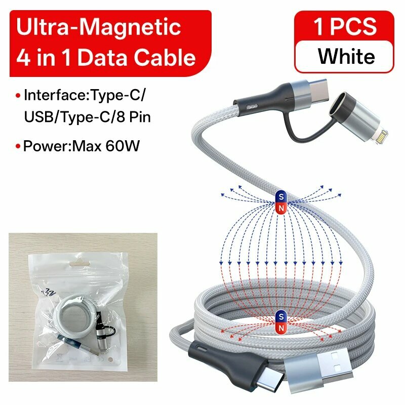 Магнитный кабель 4 в 1, 1 м, белый, 60 Вт, USB-C/Type-C/8 Pin