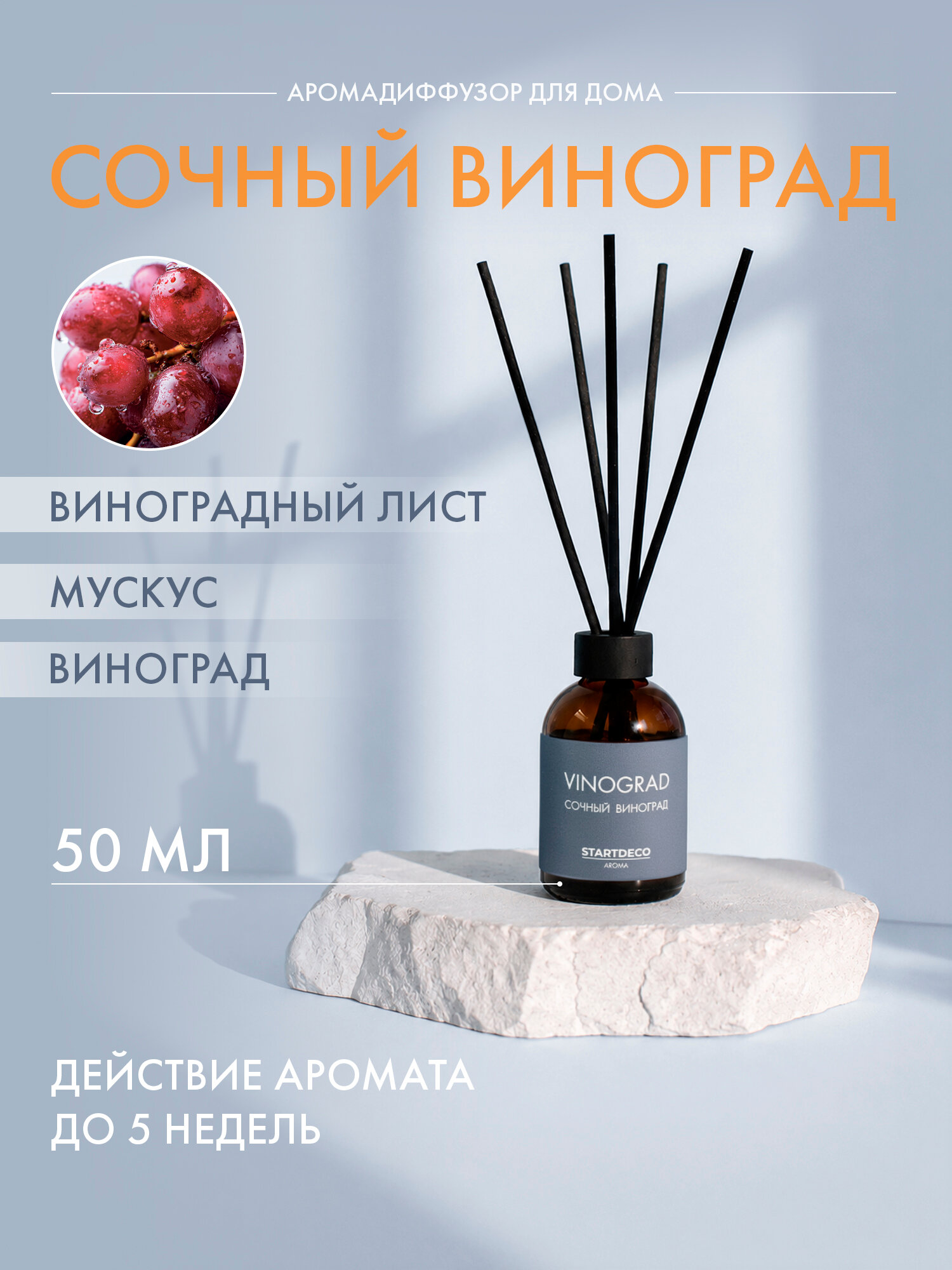 Аромадиффузор с палочками, 50 мл, Сочный виноград, для дома. Stardeco