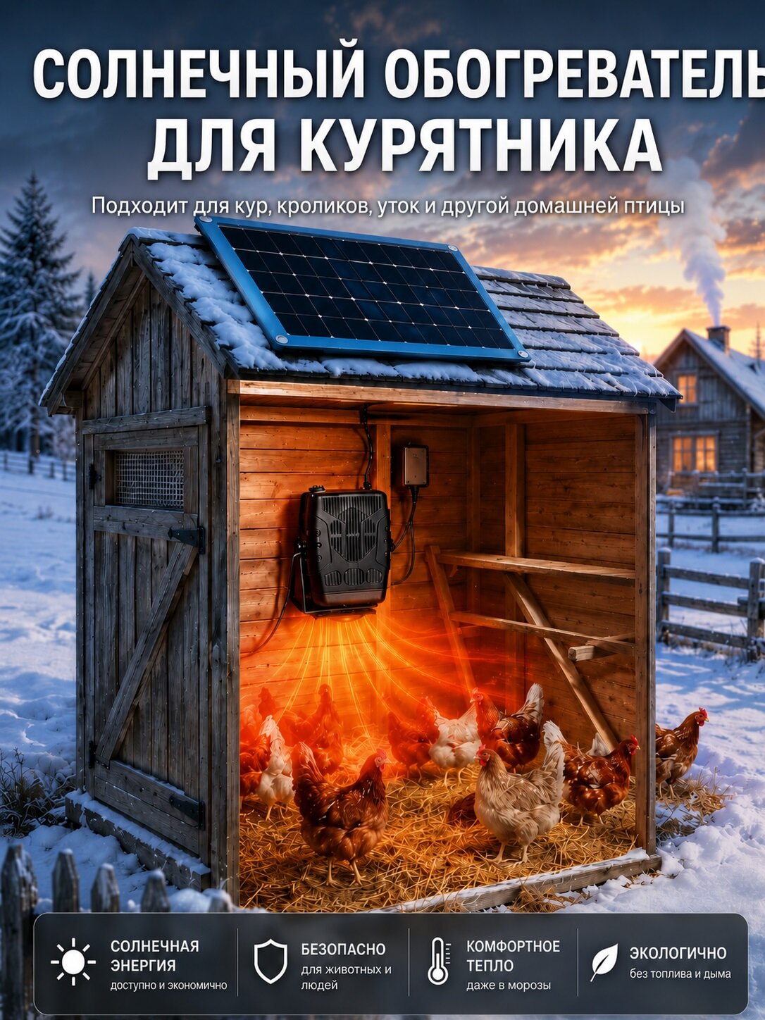 Обогреватель для курятника 12В с солнечной панелью