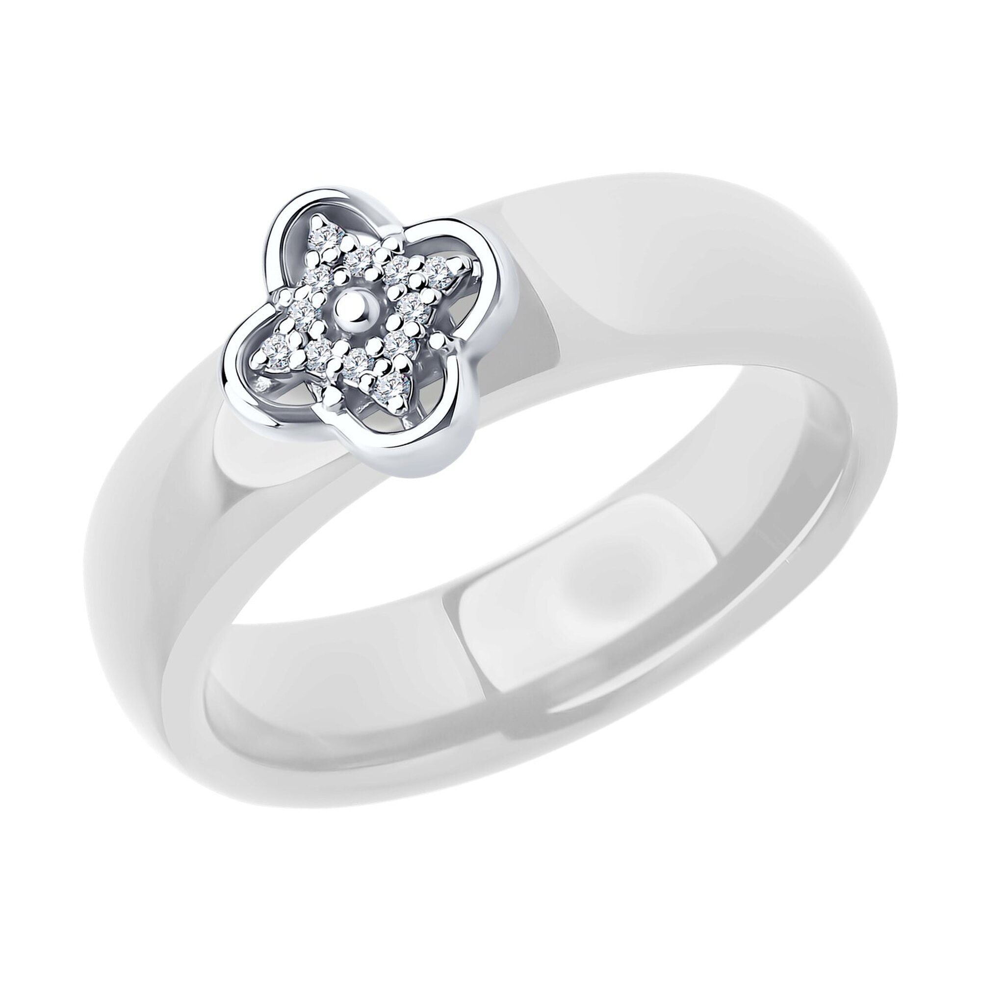 Кольцо, белое золото, 585 проба, керамика, бриллиант